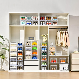 Clemate Upgraded X-Large Shoe Organizer,Shoe Storage Organizer,12 Pack,Shoe Box Clear Plastic Stackable,Drop Front Shoe Box with Clear Door, Shoe Containers For Sneaker Display,Fit up to US Size12