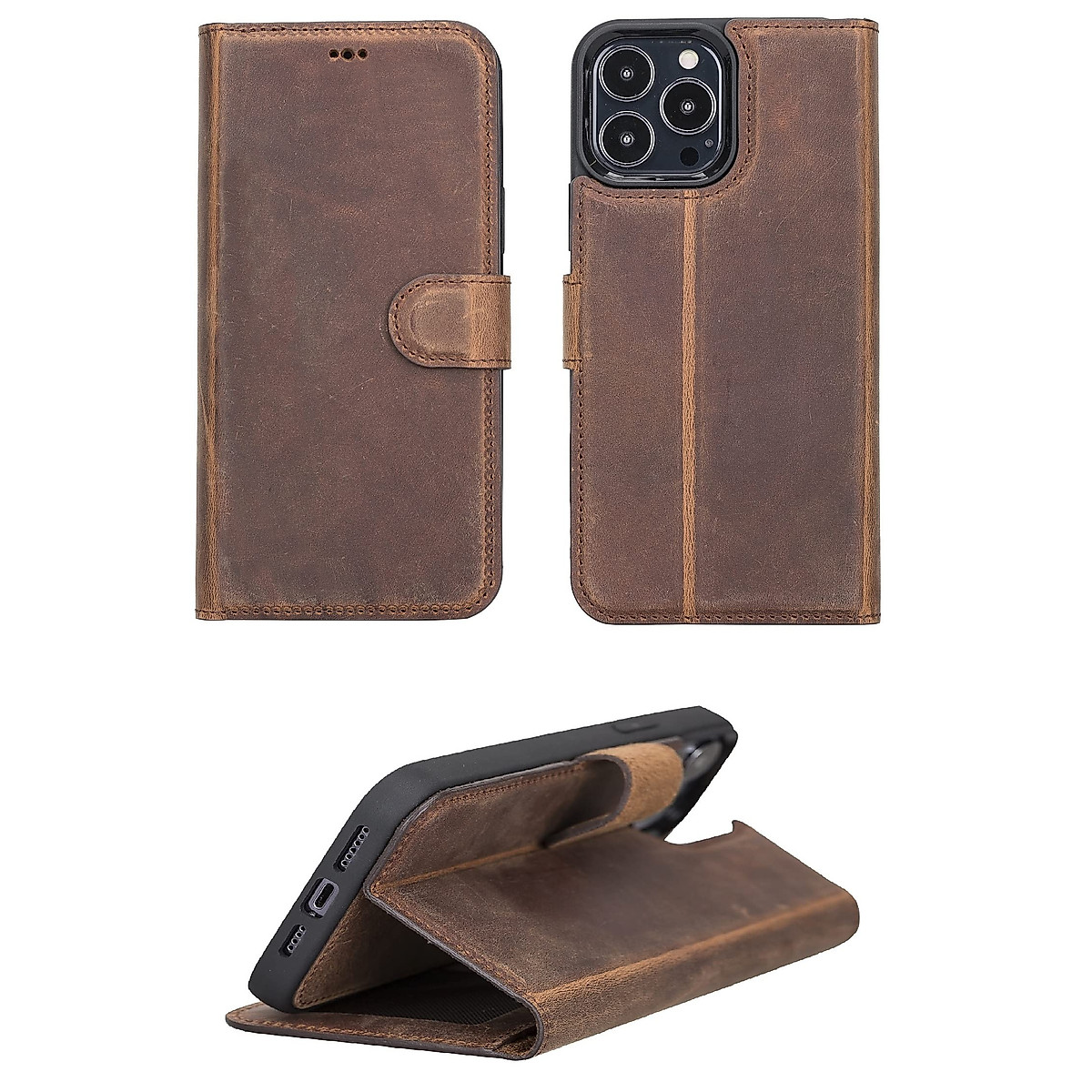 VENOULT Vintage Leather Compatible with iPhone 14 Pro MAX Wallet Case, 14 Pro / 14 Plus Genuine Leather Magnetic Detachable, Wireless Charge and Car Mount Compatible, HANDMADE