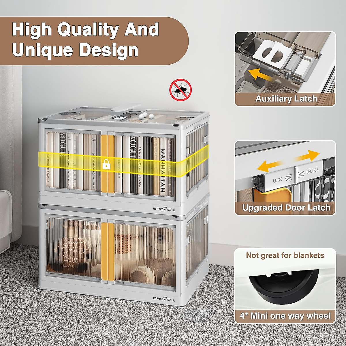 BROVIEW V5 75Gal Plastic Storage Bins with Lids, 3Pack Stackable Collapsible Storage Bins for Closet Organizers and Storage, Folding Storage Container Open Front Cabinets with Doors and Wheels, White