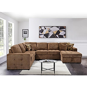 123"w U-Shaped Oversized Modular Sectional Sofa with Pull Out Sleeper Bed,Storage Chaise Lounge and 4 Throw Pillows,Convertible Polyester Upholstered Sectionals Sofá&Couch for Large Space,King Size