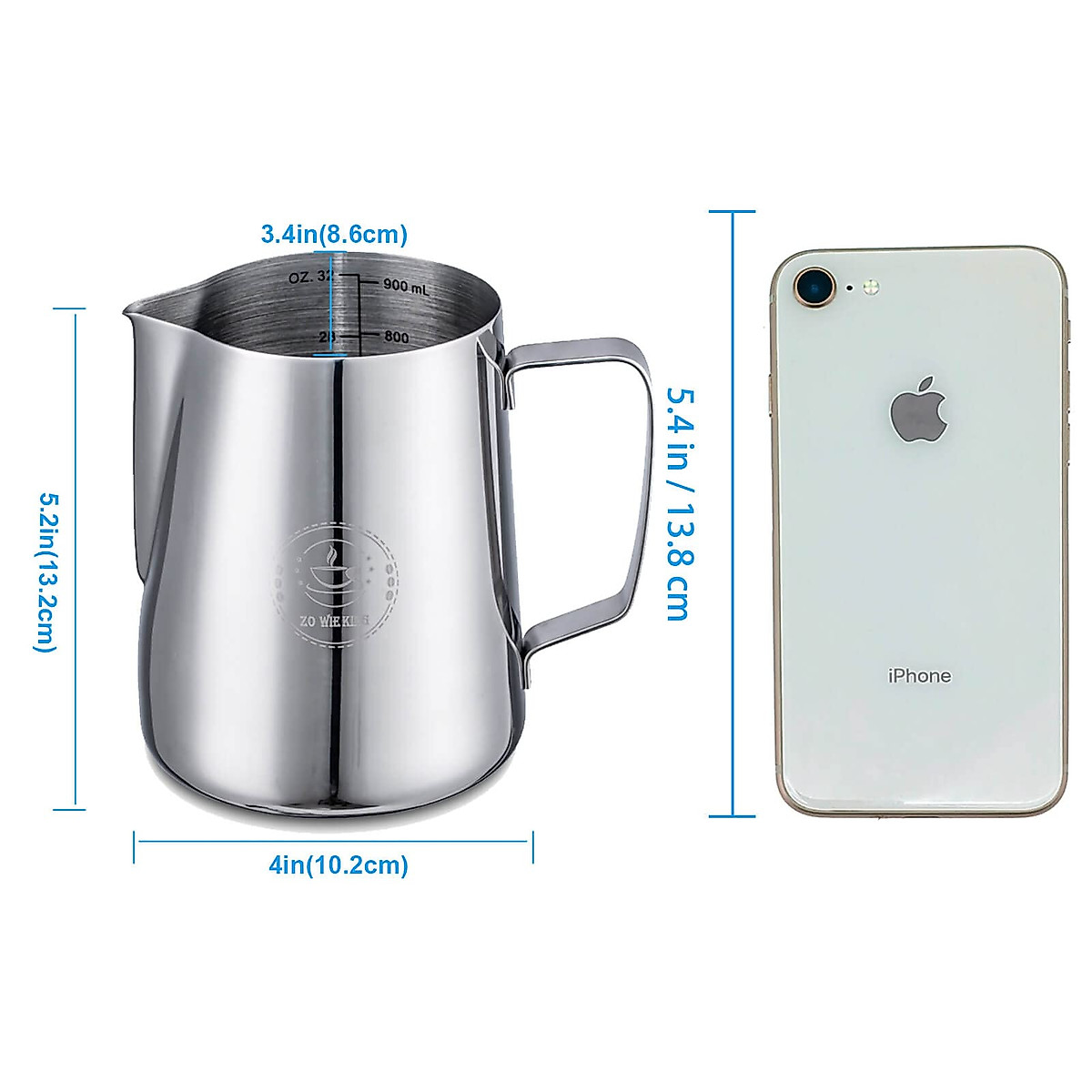 Milk Frothing Pitcher 32oz,Espresso Steaming Pitcher 32oz,Espresso Machine Accessories,Milk Frother Cup 32oz,Milk Coffee Cappuccino Latte Art,Stainless Steel Jug