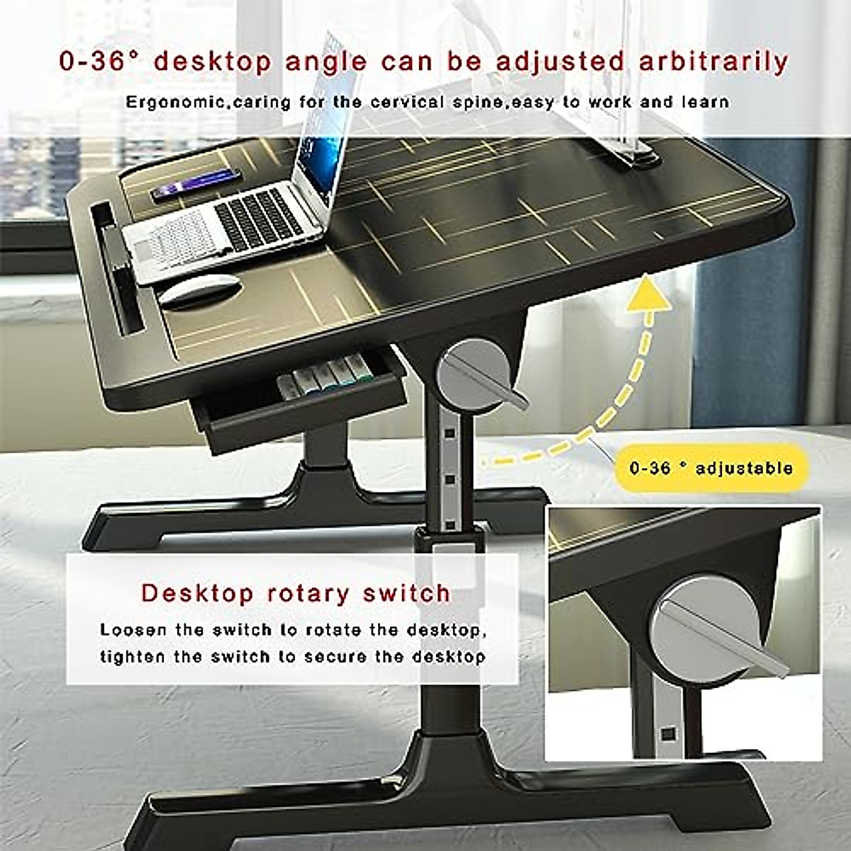 GEIRONV Movable Computer Desk, with Drawers Bookshelf Multifunctional Lifting Table Learning Office Entertainment Adjustable Sofa Table