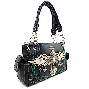 Justin West Women's Concealed Carry Angel Wings Cross Faith Hope Love Western Handbag Tote Purse (Black Handbag Wallet Set)