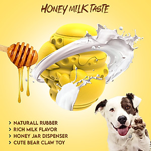 iPetzi Slow Feeder Dog Toys for Aggressive Chewers - Extra-Tough, Safe Rubber - Bite-Proof Slow Treat and Food Dispenser - Interactive Teeth Cleaning Toy - Honey Milk Flavor and Scent, Yellow Beehive