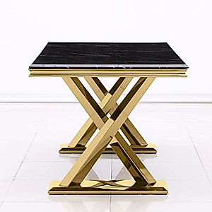 Anewsun Dining Room Table, Luxury 72 Inch Rectangular Black Texture Top with Gold X-Base Modern Dining Table for 6