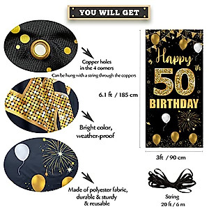50th Birthday Door Banner Backdrop, Black Gold Happy 50th Birthday Decorations Women Men, 50 Years Birthday Photo Booth Props, Fifty Birthday Party Sign Decor for Outdoor Indoor Sturdy, Vicycaty