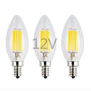 OPALRAY LED Candelabra Bulb, DC 12V 24V, Dimmable with DC Dimmer, 6W 600Lm, Warm White Light, E12 Small Base, 60W Incandescent Equivalent, 12V Power Supply, Clear Glass Torpedo Tip, 3-Pack