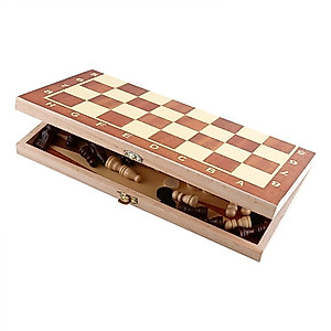 Thur amo Folding Wooden Chess Set with Storage Box 3 in 1 International Board Chess Checkers 34 x 34 cm