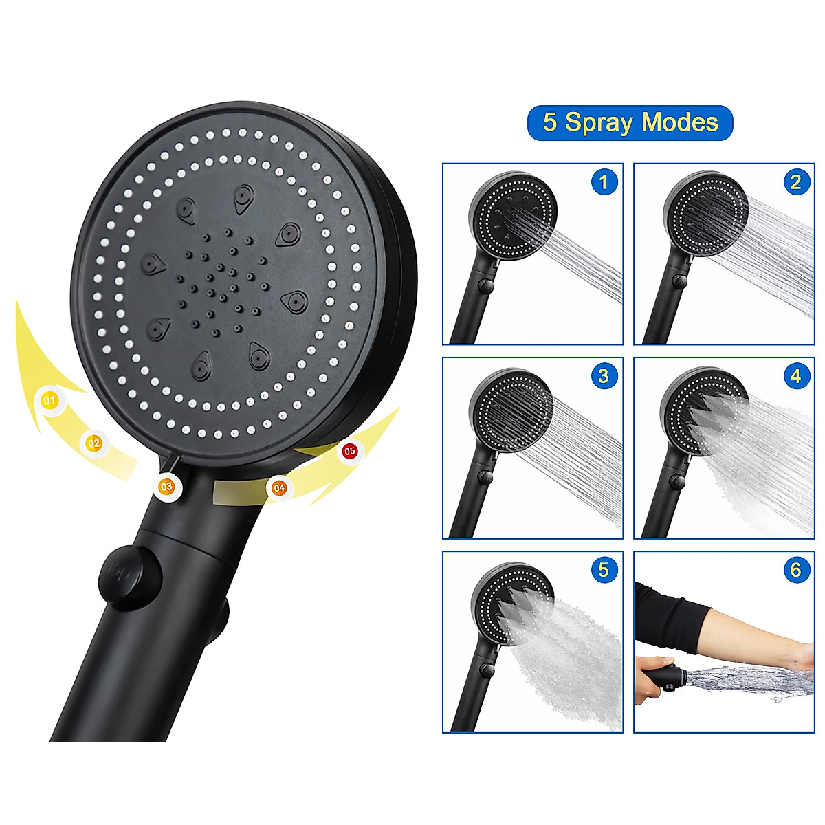 SoaShower High Pressure Handheld Shower 5-Settings、Leakproof Extra Long 78 Inch Stainless Steel Hose、Adhesive Shower Head Holder（Height/Angle Adjustable）、Matte black(Classic)、ON/OFF Pause Switch