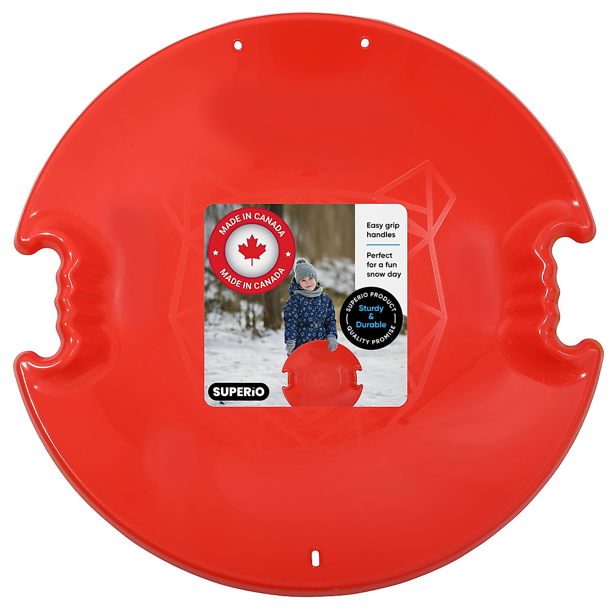 Superio Round Snow Saucer Sled, Red Spiral 26" Avalanche Circle Plastic Sledding Disc, Winter Snow Fun for Kids and Adults
