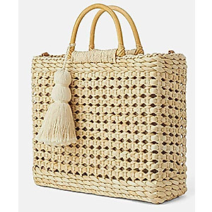 QZUnique Women's Summer Straw Shoulder Bag Lining Handbag Tassel Wooden Handles Handwoven Crossbody Hobo Bag Purse