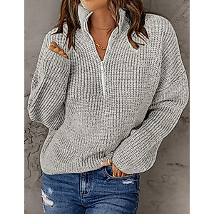MEROKEETY Women's 2024 Long Sleeve Chunky Knit Sweaters 1/4 Zip Polo V Neck Casual Pullover Tops,Grey,S