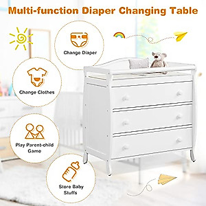 Costzon 3-Drawer Changing Table, Infant Diaper Changing Station with Drawers, Safety Rails & Strap, Baby Changing Table Dresser for Nursery, Easy Assembly (White)