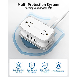 Travel Power Strip with USB Ports, NTONPOWER 4 Outlets 3 USB with 4FT Wrapped Short Extension Cord Flat Plug, USB Portable Desktop Charging Station, Compact for Hotel Travel Cruise Essentials, White