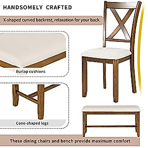XD Designs Wooden Rectangular Dining Table Set, 6-Piece Kitchen Dining Table Set with 4 Upholstered Chairs and 1 Bench (Brown-6pcs)