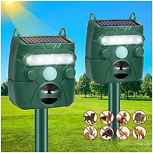 2 Pcs Solar Ultrasonic Animal Repellent, 2024 Deer Repellent Devices with Motion Sensor Flash Light to Scare Away Cat Squirrel Skunk Deer Raccoon Rabbit, Cat Deterrent Outdoor Dog Repellent for Yard