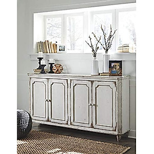 Signature Design by Ashley Mirimyn Distressed 4-Door Accent Cabinet or TV Stand, Antique White