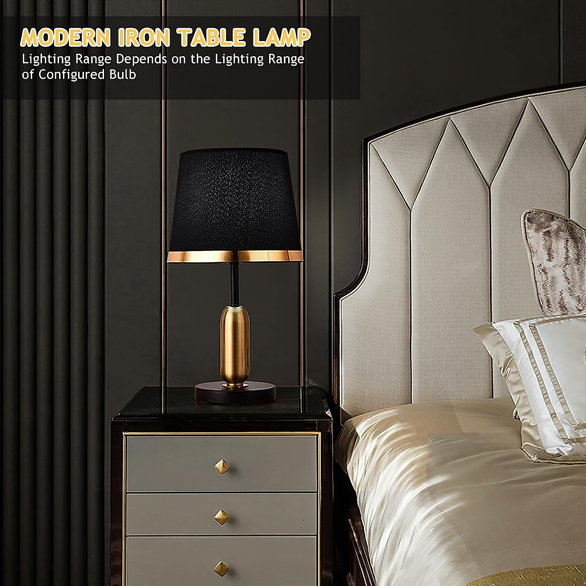 FIXCOR Modern Black Table Lamp Table Lamp for Living Room Black Cloth Lampshade with Metal Base Nightstand Lamp for Living Room, Home, Office Bedroom Reading Room Hotel