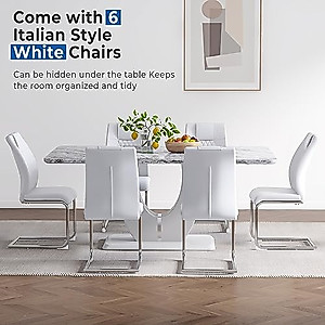 Tatub 70.87" Modern Dining Table Set for 6-8, Faux Marble Dining Table with 6 PU Leather Chairs, Rectangular Dining Room Table with Grey Marble Tabletop for Dining Room, Kitchen, Living Room