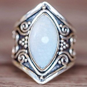 Cuteshop Vintage Silver Ring 925 Sterling Silver Natural Moonstone Women Jewelry Elegant Gemstone Wedding Ring Size 5-11 (9)