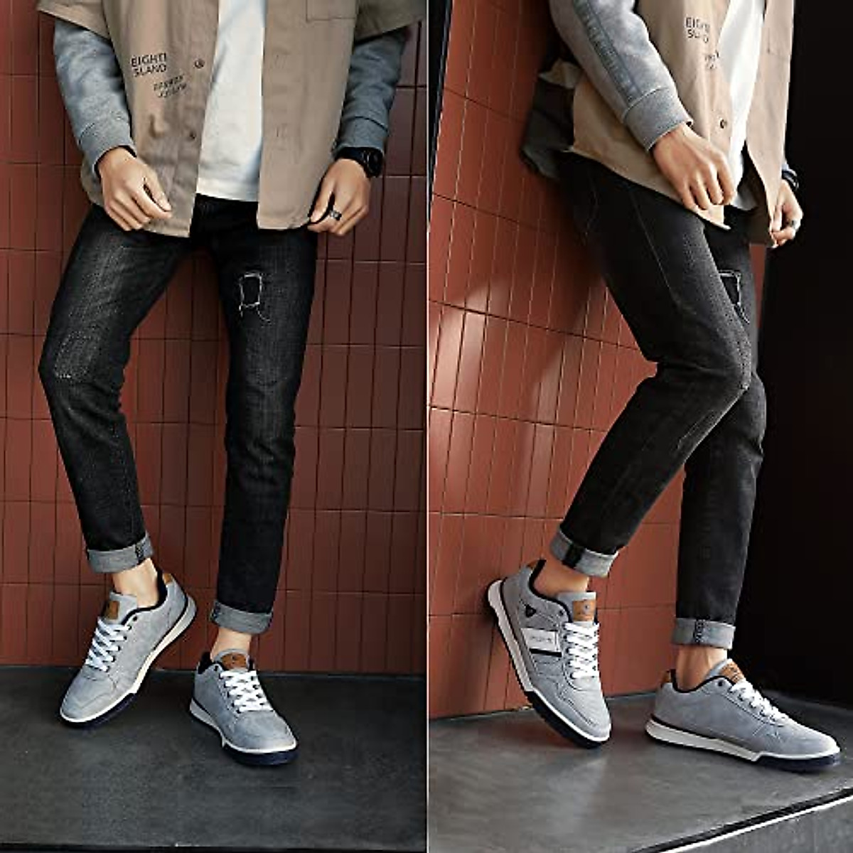 AX BOXING Mens Casual Shoes Comfortable PU Leather Fashion Sneakers Breathable Low-Top Walking Shoes(Grey, Size_10)