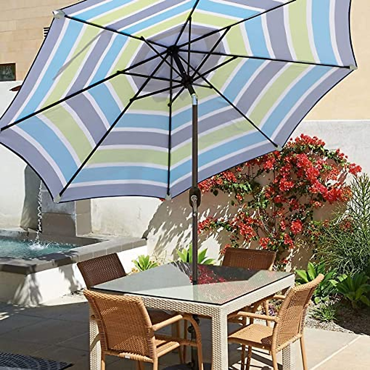 Blissun 9' Outdoor Aluminum Patio Umbrella, Striped Patio Umbrella, Market Striped Umbrella with Push Button Tilt and Crank (Blue and Green)