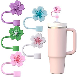 GLAMFIELDS Straw Covers Cap for Stanley Cup 30-40 oz,Straw Toppers for Stanley Tumblers with handle 10mm 0.4in Silicone Accessories Dust-Proof,Straw Protectors,Cherry Blossom 5 Pack