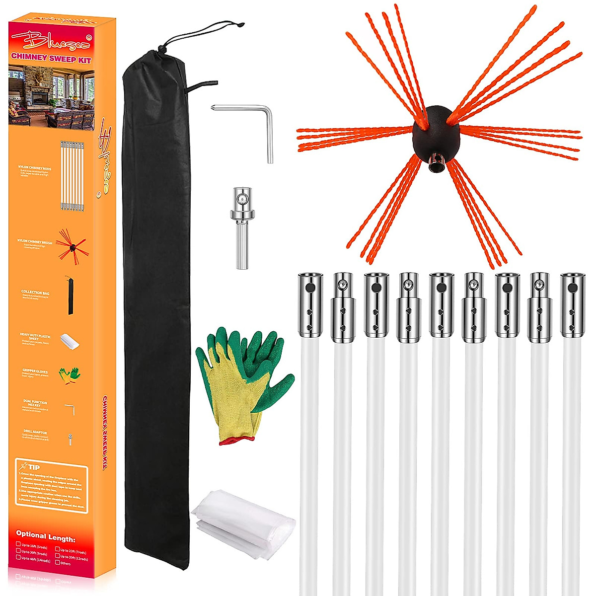 Bluesea 30 Feet Chimney Sweep Kit, Ergonomic Chimney Cleaning Kit, Extends Up to 30 Feet, Chimney Cleaner, Chimney Cleaning Tools, Chimney Cleaning System with Strong Brush, 9 Flexible Chimney Rods