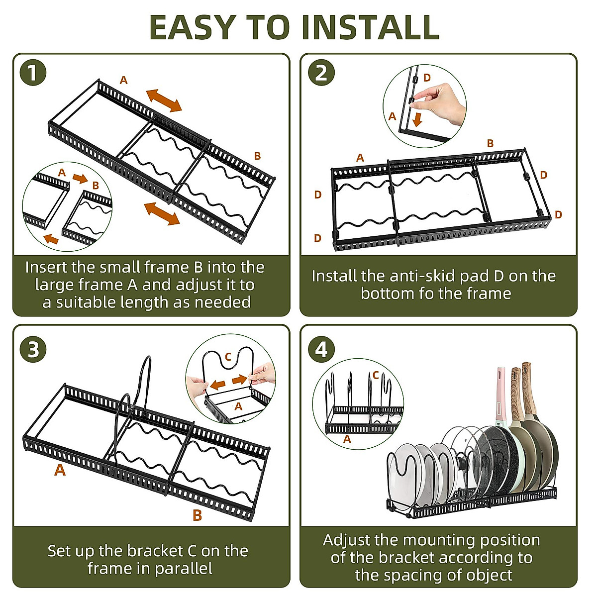ROOHUA Pot Rack -Expandable Pan Organizer for Cabinet, Lid Holder with 10 Adjustable Compartment for Kitchen Cabinet Cookware Baking Frying Rack
