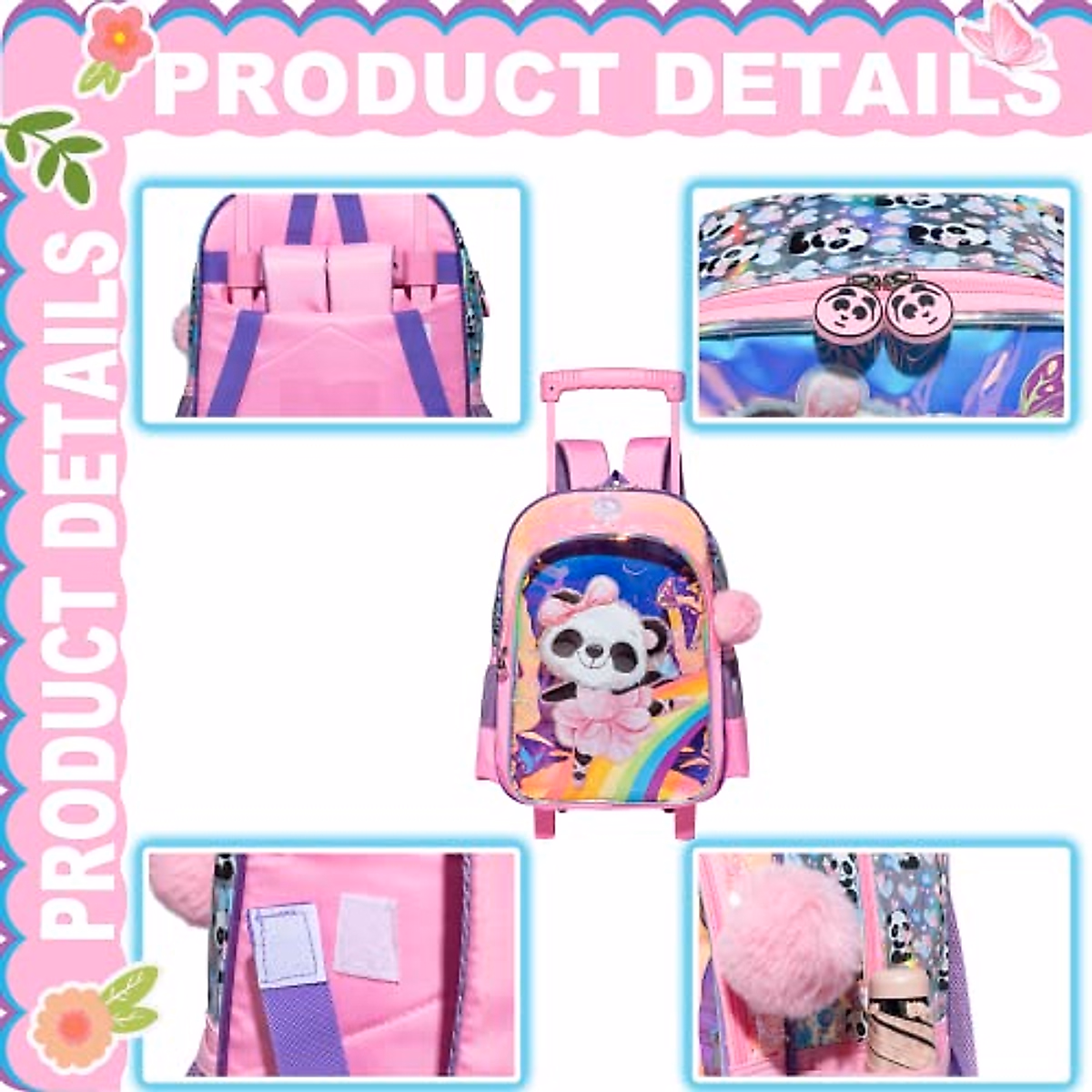 ZBAOGTW Panda Rolling Backpack for Girls with Lunch Box Kids Backpack with Wheels for School Sequin Trolley Trip Luggage Rolling Backpack for Kindergarten Girls Elementary School