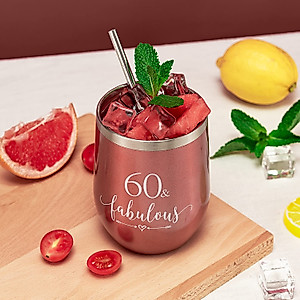 Crisky Rose Gold 60 & Fabulous Wine Tumbler for Women 60th Birthday Gifts for Women, Wife, Mom, Sister, Aunt, Friends, Coworker Her, Vacuum Insulated Coffee Cup,12oz with Box, Lid, Straw