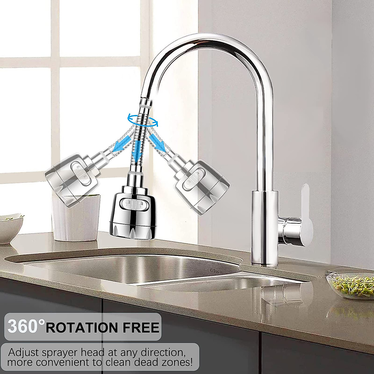 Sink Faucet Attachment, Movable Kithchen Faucet Head 360° Rotatable Faucet Sprayer Head Replacement Water Saving Faucet Extender,Anti -Splash,3 Modes, Chrome Faucet Head for Kitchen and Bathroom