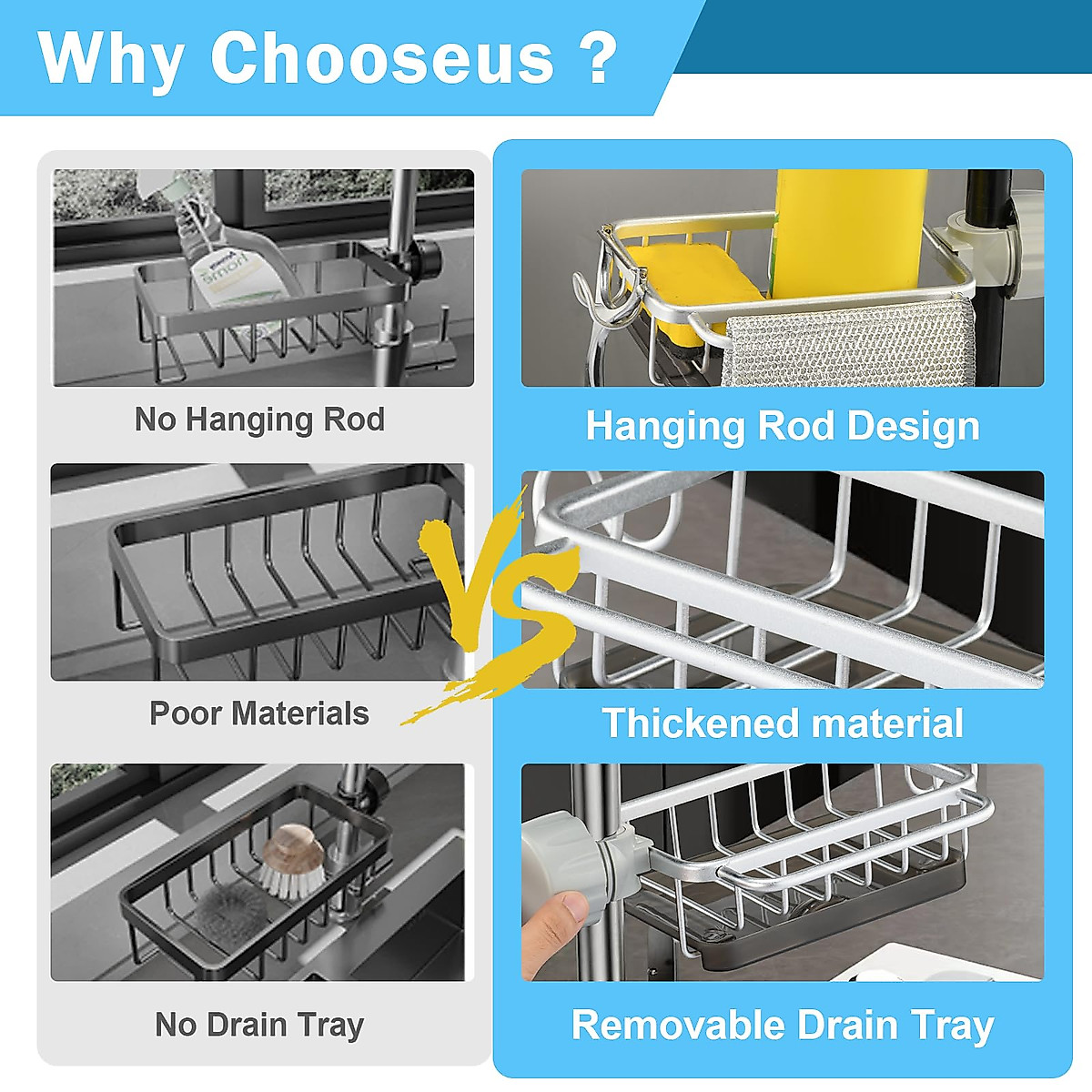 CAGSIG Kitchen Sink Faucet Organizer, Faucet Storage Rack with Drain Tray & Towel Rack, Multi-Function Sponge Holder Faucet Storage Rack for 0.7-1.1 Inch Round Water Pipes Silver-Left