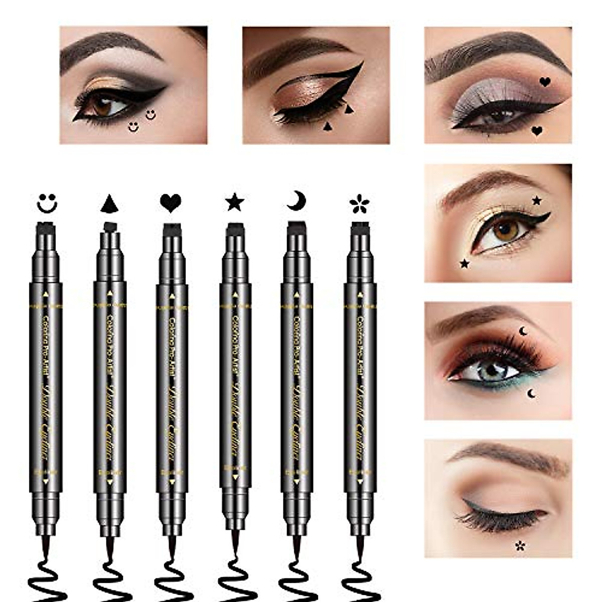 6 Styles/Set Pen Eyeliner Stamp Wing Liner, Waterproof, Double Sided & Long Lasting Eye Pencil, (Heart/Moon/Star/Flowers) Shape Stamp Pen, Super Slim Gel Felt Tip High Black Pigment (6PCS)