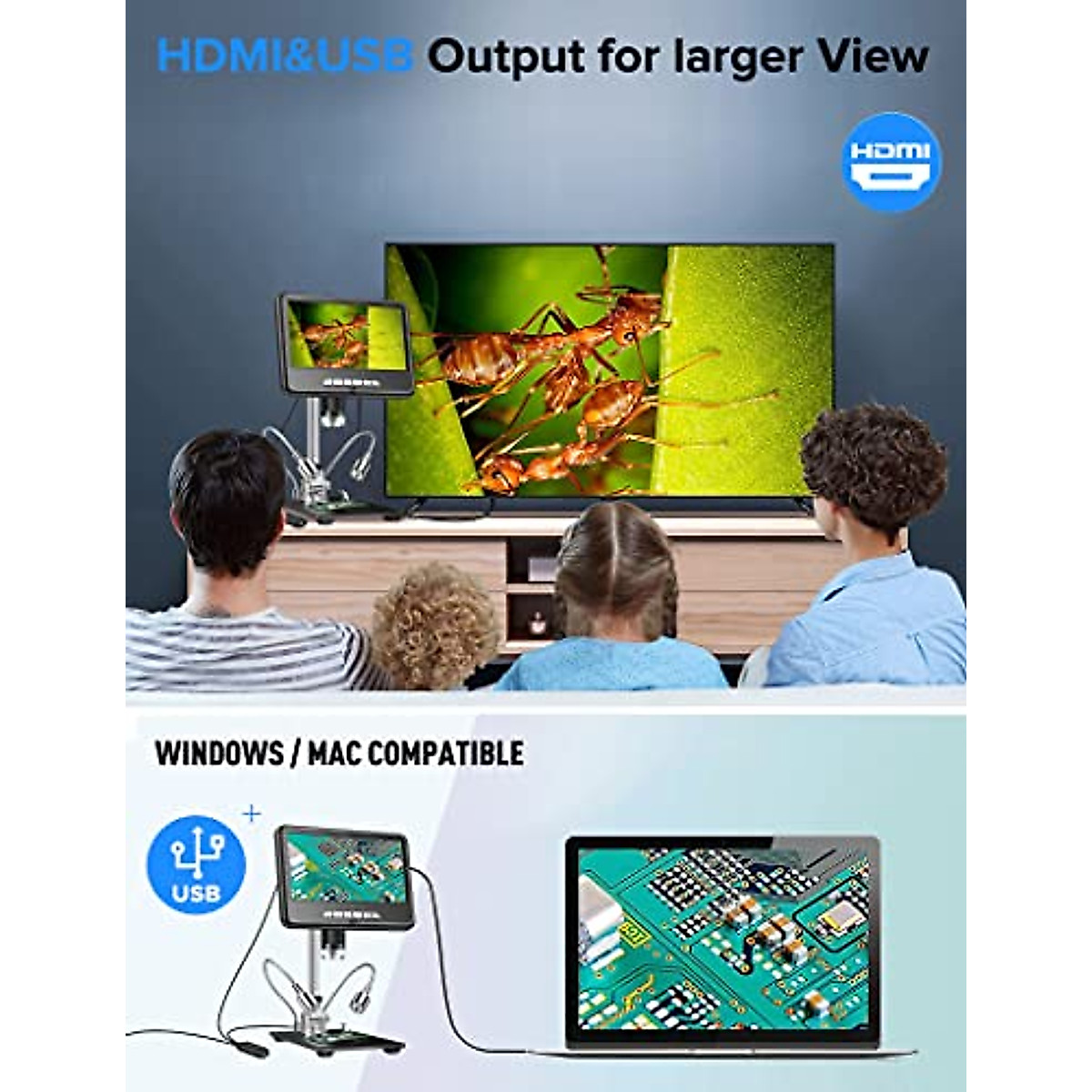 2K LCD Digital Microscope 1200X, Dcorn 7" 24MP HDMI Microscope, Soldering Coin Microscope with Lights, Extension Tube & 32GB Card Included, Coin Magnifier with Light