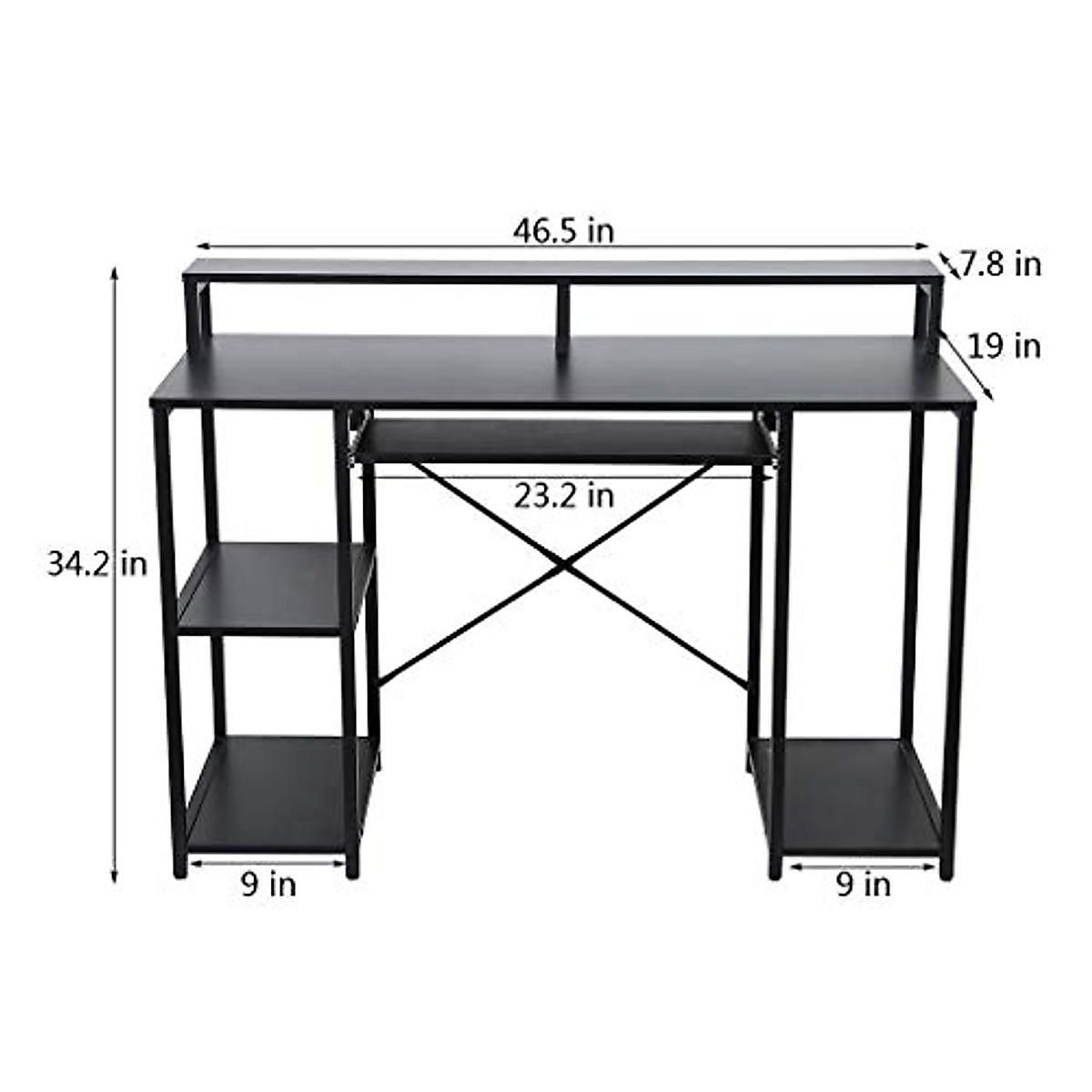 Modern Computer Desk with Storage Shelves Home Learning Desk Workstation, Multipurpose Study Writing Table with 3-Story Bookshelves, Modern Tower PC Table (46.5x34.3x18.9 inches, Black)