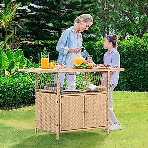 YITAHOME XL Outdoor Storage Cabinet Patio Wicker Bar Table w/Plastic Wood Tabletop, Wine Glass Holders and Built-in Bottle Opener, Light Brown