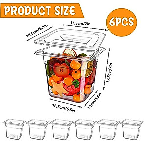 Ujuuu 6 Pack Plastic Clear Food Pan with Lid 1/6 Size 7 Inch Deep Stackable Acrylic Square Container Polycarbonate Food Storage for Hotel Restaurant Kitchen Food Prep Storage (2.2L)