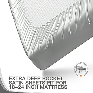 VACVELT 4pcs Extra Deep Pocket Satin Sheets Full Size Bed Set, Silver Grey Satin Sheet Set Fit 18-24 Inch Deep Pocket Mattress, Silky & Luxury Satin Bedding Set Soft & Ultra Deep Fitted Sheet Set