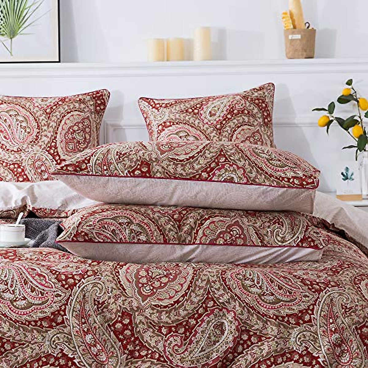 FADFAY Paisley Duvet Cover Set 100% Cotton Ultra Soft Red and Beige Reversible Paisley Bedding Set with Hidden Zipper Closure 3 Pieces, 1Duvet Cover & 2Pillowcases, King/California King Size