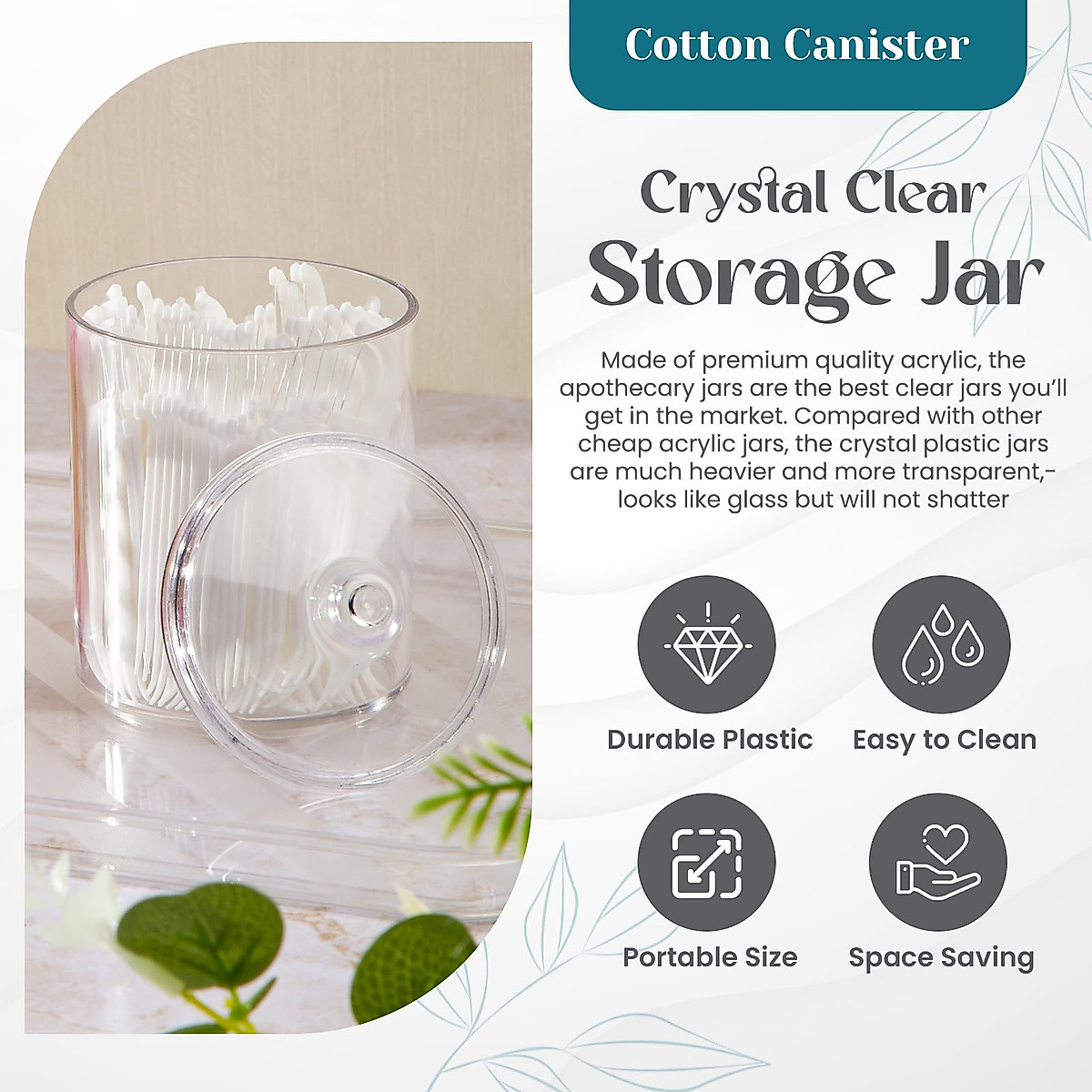 milano home Qtip Holder Pack of 4, Vanity Makeup Organizer Storage, Clear Plastic Apothecary Jars with Lids, Organizer Storage for Cotton Swabs, Cotton Balls, Makeup Sponges, Cotton Canister 12/10 OZ