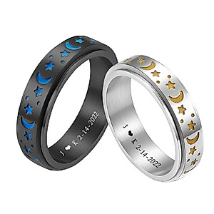 ZKXXJ Personalized Sun and Moon Stars Couple Rings Set for Him Her,Custom Matching Promise Rings for Couples Stainless Steel Dark Luminous Fidget Ring Anxiety Ring Engagement Wedding Band