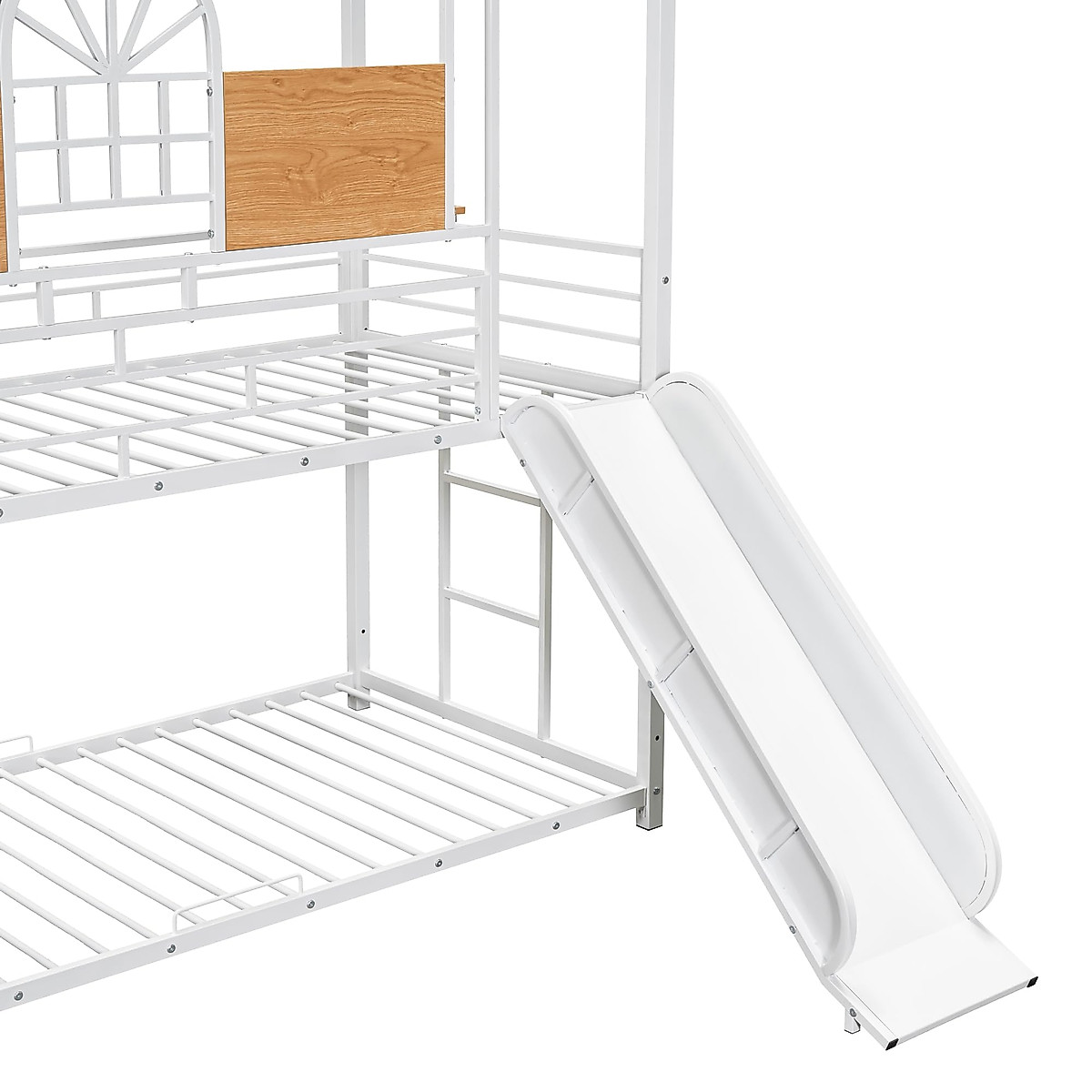 Harper & Bright Designs Metal Twin Over Twin Bunk Beds with Slide, House Bunk Bed with Storage Stairs, Kids Bunk Beds with Roof and Guardrails for Girls Boys Teens, White+White Slide