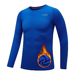 LEAO Youth Boys Compression Shirt Long Sleeve Fleece Quick Dry Sports Baselayer Soccer Baseball Basketball Undershirt Royal L