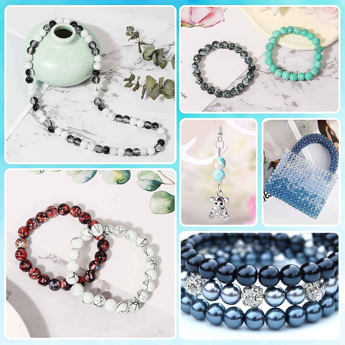 840pcs 8mm Glass Beads for Jewelry Making, 24 Colors Glass Beads for Bracelet Making, Marble Round Loose Beads for Men Women Bracelet Earring Necklace Jewelry Making Supplies
