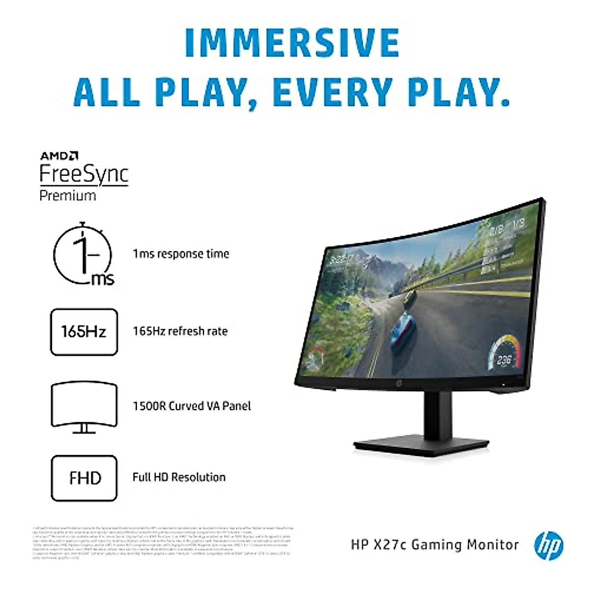 HP 27-inch Curved 165Hz FHD Gaming Monitor, Eyesafe (X27c, Black)