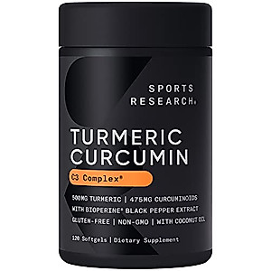 Sports Research Turmeric Curcumin C3 Complex 500 mg, Enhanced with Black Pepper and Organic Coconut Oil for Better Absorption; Non-GMO and Gluten Free - Standardized 95% Curcuminoids (120 Softgels)