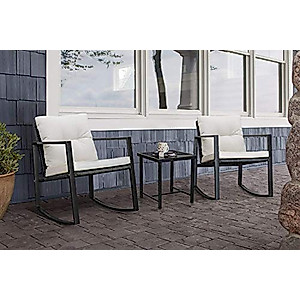 Flamaker Patio Chairs 3 Piece Wicker Rocking Chair Outdoor Bistro Sets with Coffee Table and Cushions Metal Frame Patio Furniture for Porch, Balcony, Lawn (White)