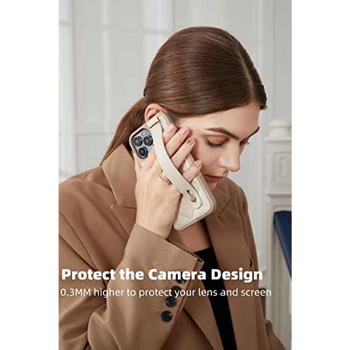 ZVE iPhone 13 Pro Max Case with Strap, Luxury Shockproof Quilted Leather Case with Stand for Women Cover Case Compatible with Apple iPhone 13 Pro Max, 6.7 Inch-Beige