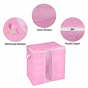 uxcell Clothes Storage Organizer Bag with Reinforced Handle 4pcs, Comforters Storage Bag for Clothes, Bedding, Blankets, Foldable with Sturdy Zipper-Pink